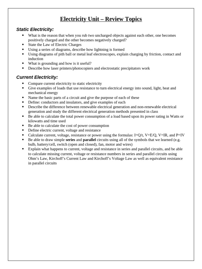 Electricity Unit Review: Static & Current | PDF