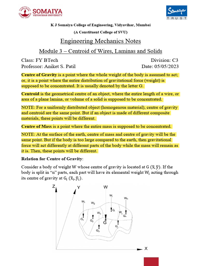 EM Notes - M3 (Centroid of Wires, Laminas and Solids) | PDF | Center Of ...