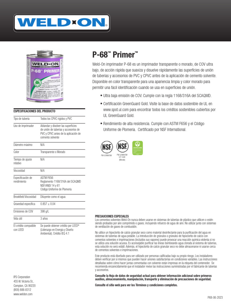 PRIMER P 68 Data Sheet Spanish 1 | PDF | Tubería (transporte de fluidos ...