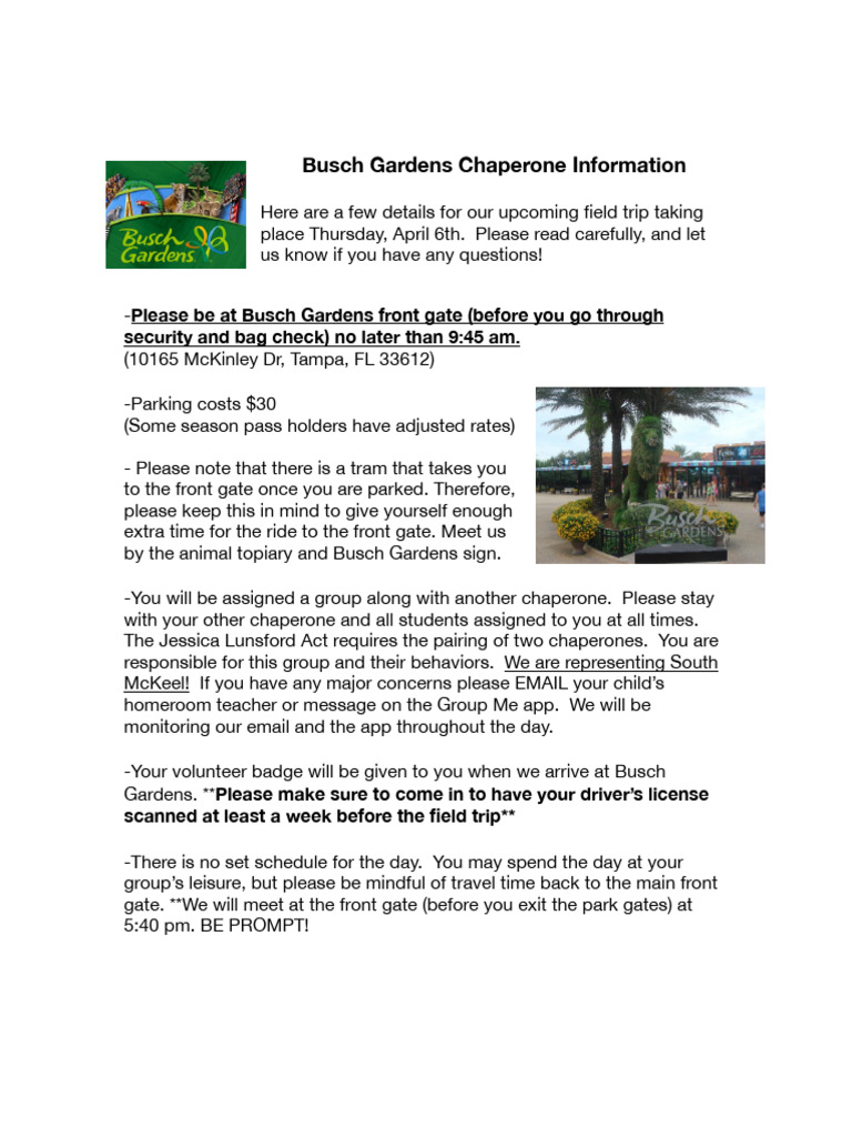 Busch Gardens Chaperone Information Letter | PDF