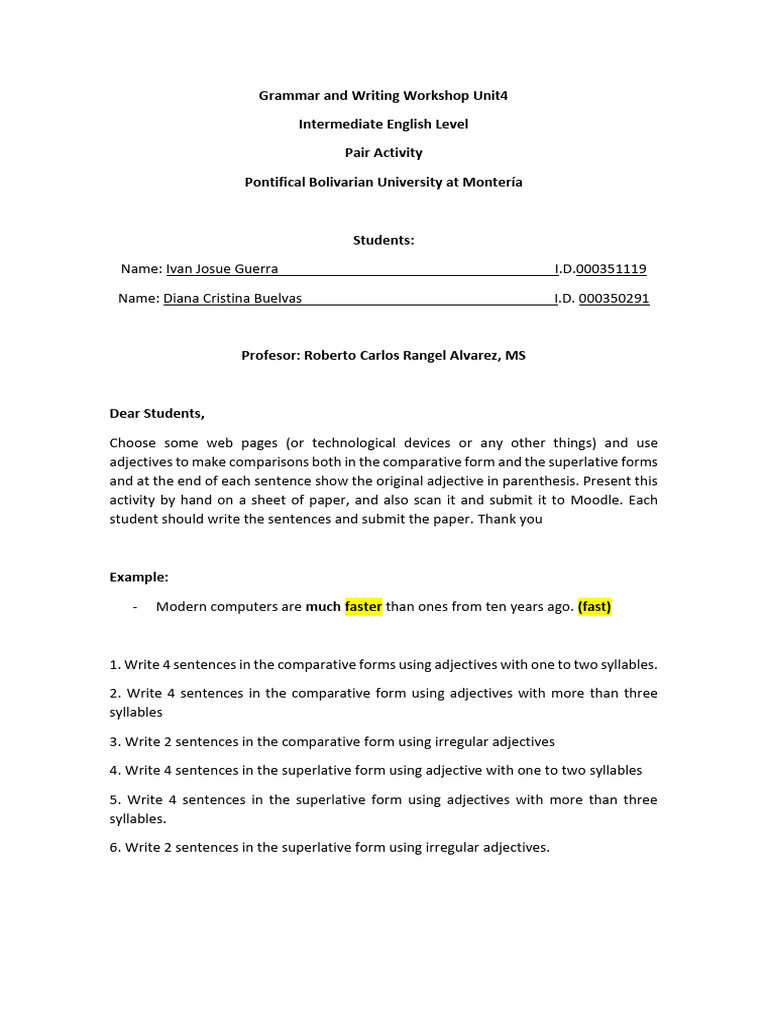 Grammar Writing Workshop Unit 4 Ivan Guerra - Diana Buelvas | PDF