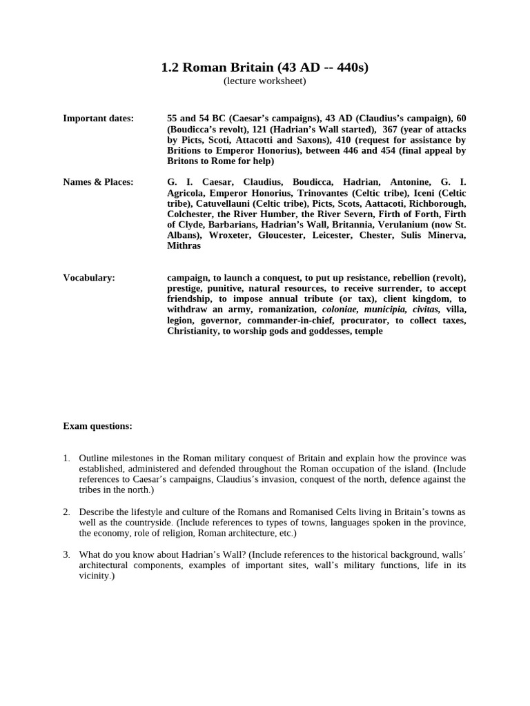 1.2 Roman Britain, HiGB & US Lecture Worksheet (1) | PDF | Roman Britain | Ancient Rome