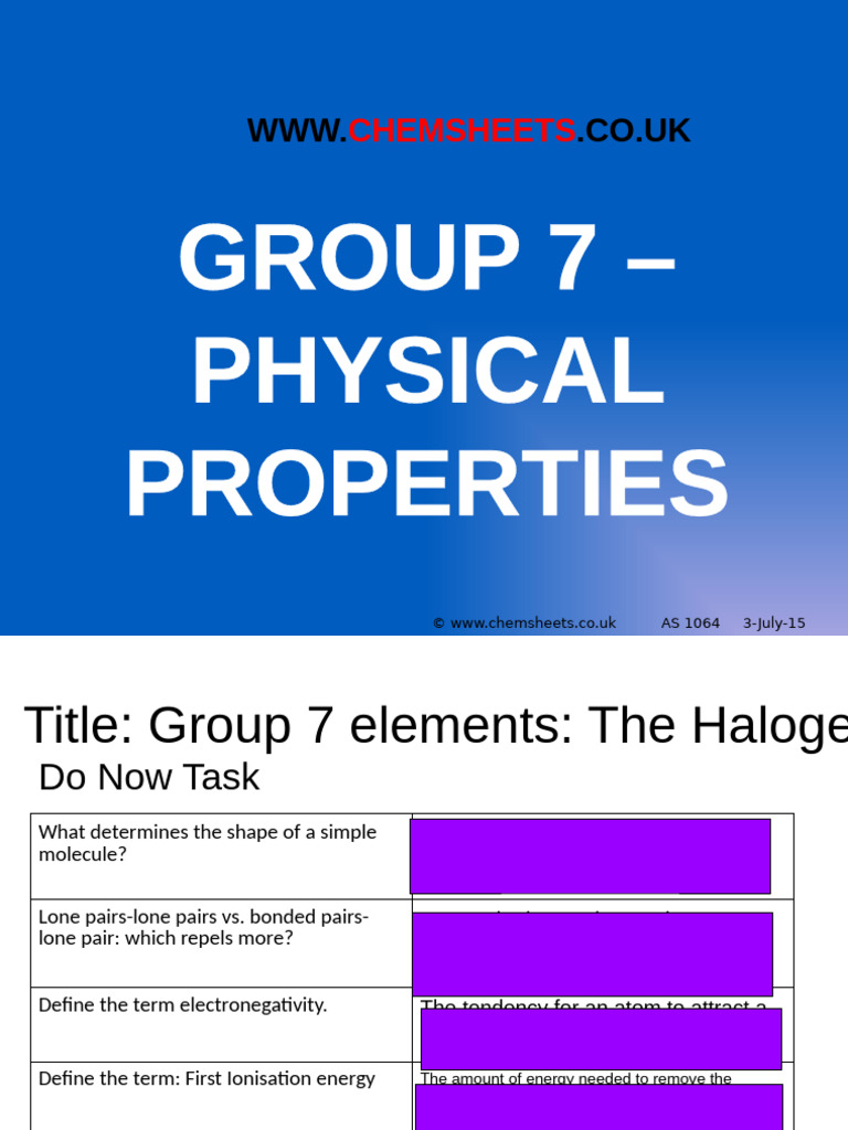 Group 7 Physical Properties | PDF | Periodic Table | Iodine