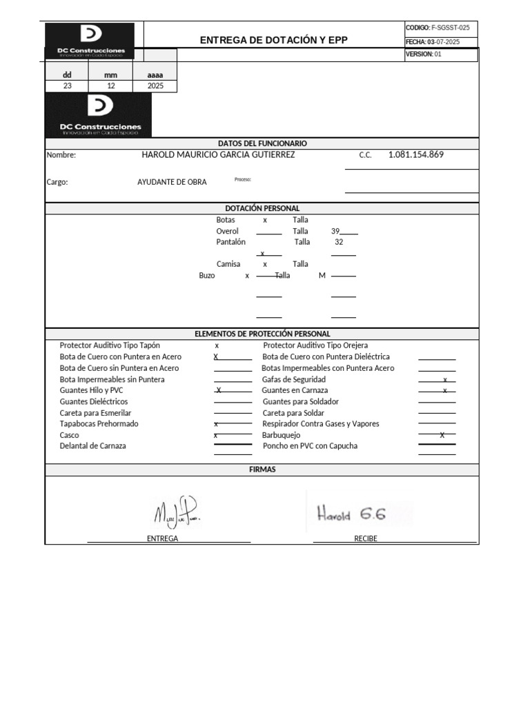 Formato Entrega EPP y Dotación HAROLD | PDF | Ropa | Moda