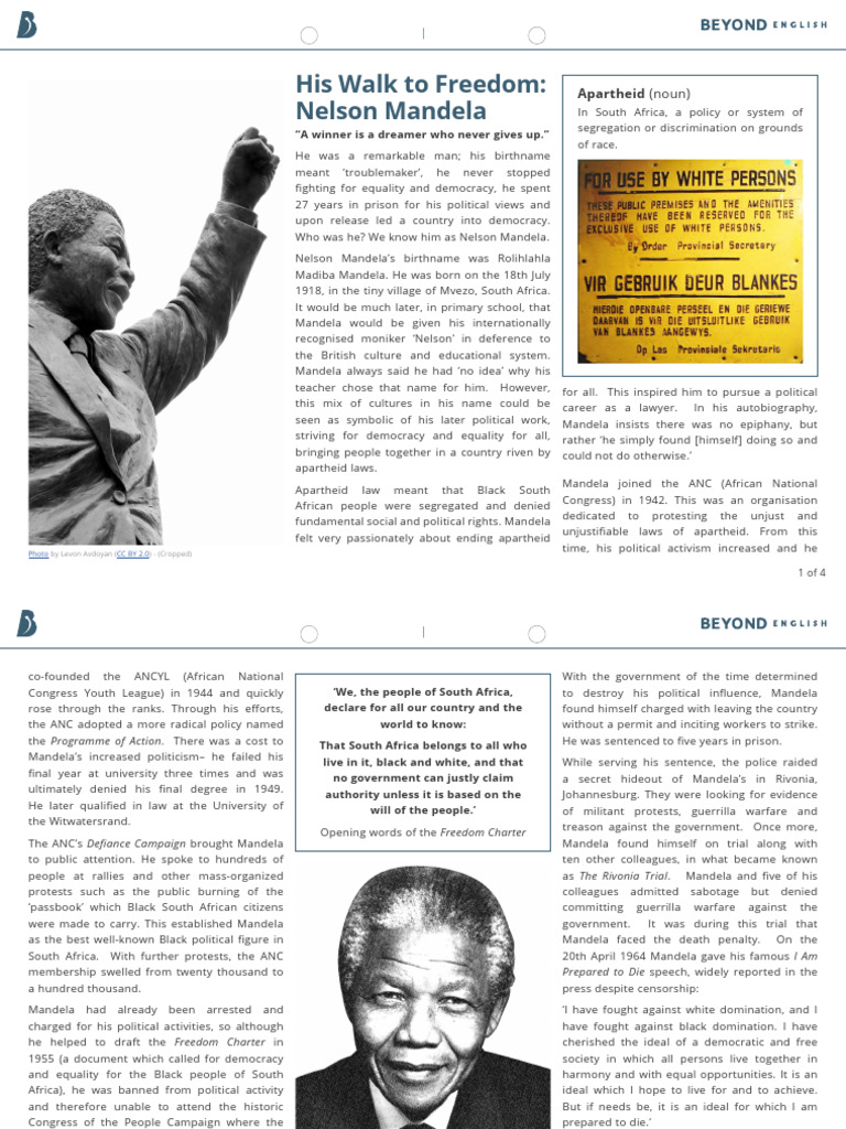 His Walk to Freedom - Nelson Mandela Reading Comprehension | PDF ...