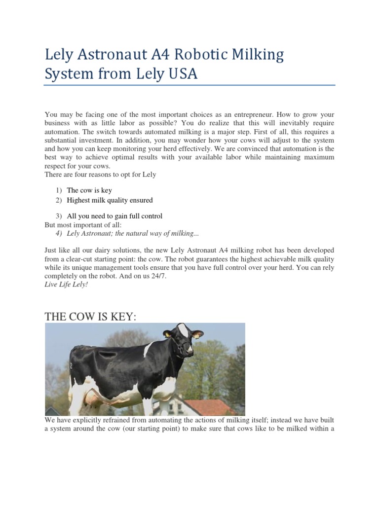 Lely Astronaut A4 Robotic Milking System From Lely USA | PDF | Dairy ...