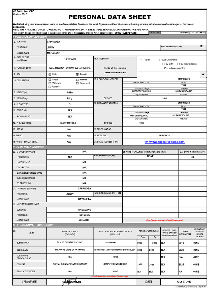 CS Form No. 212 Personal Data Sheet Revised | PDF