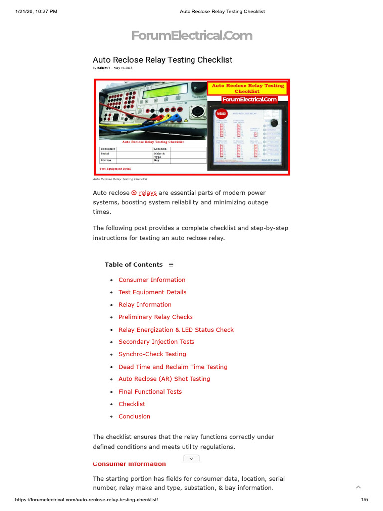 Auto Reclose Relay Testing Checklist | PDF | Relay | Reliability ...