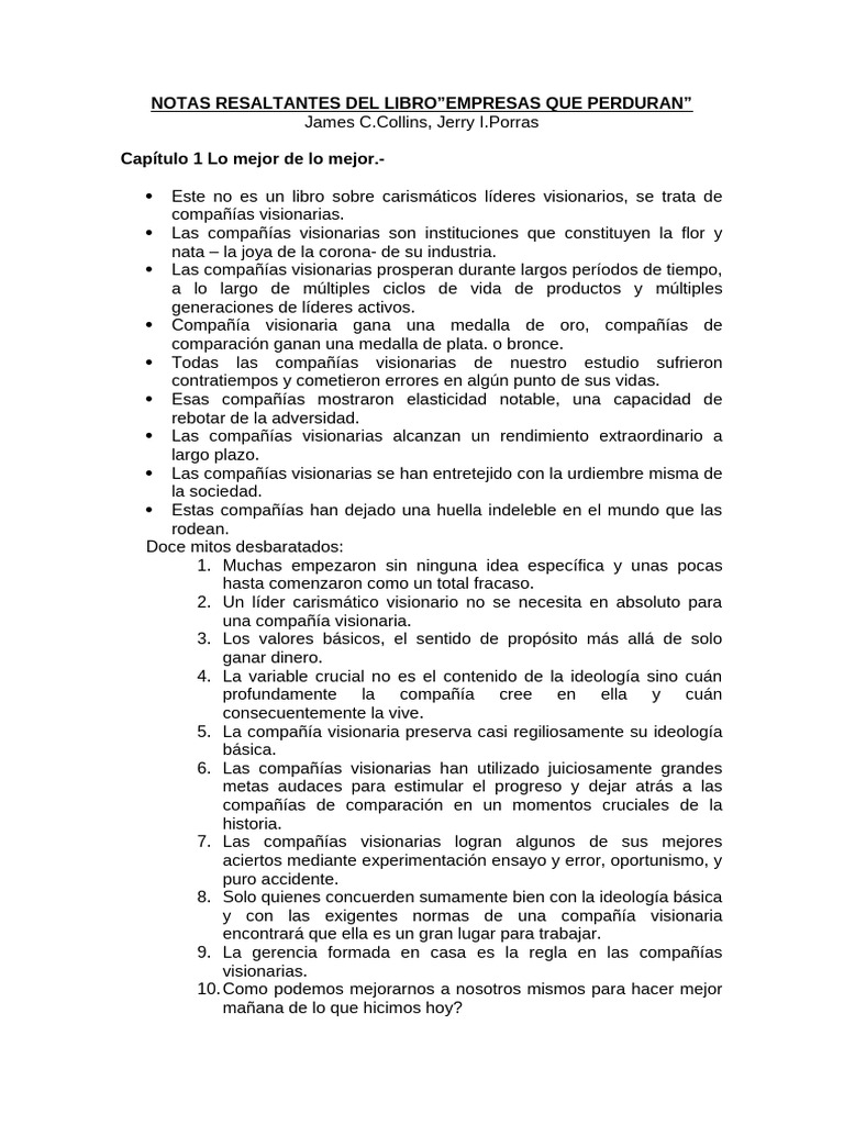 NOTAS RESALTANTES DEL LIBRO EMPRESAS QUE PERDURAN” James C.Collins ...