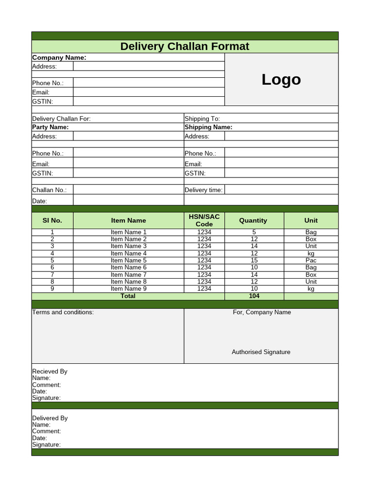 Delivery Challan Format in Excel | PDF
