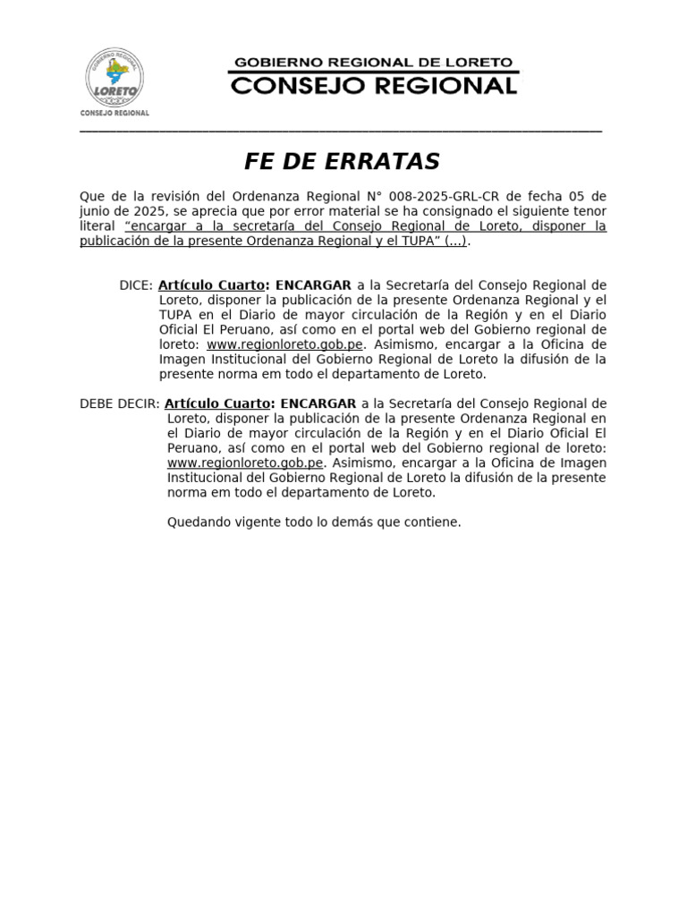 Fe de Erratas Ordenanza Regional Loreto | PDF