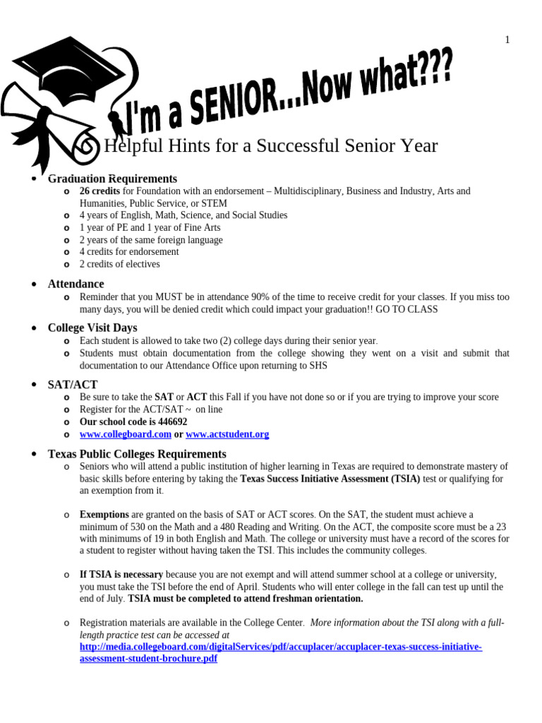 Senior Year Success Guide: Graduation & College | PDF