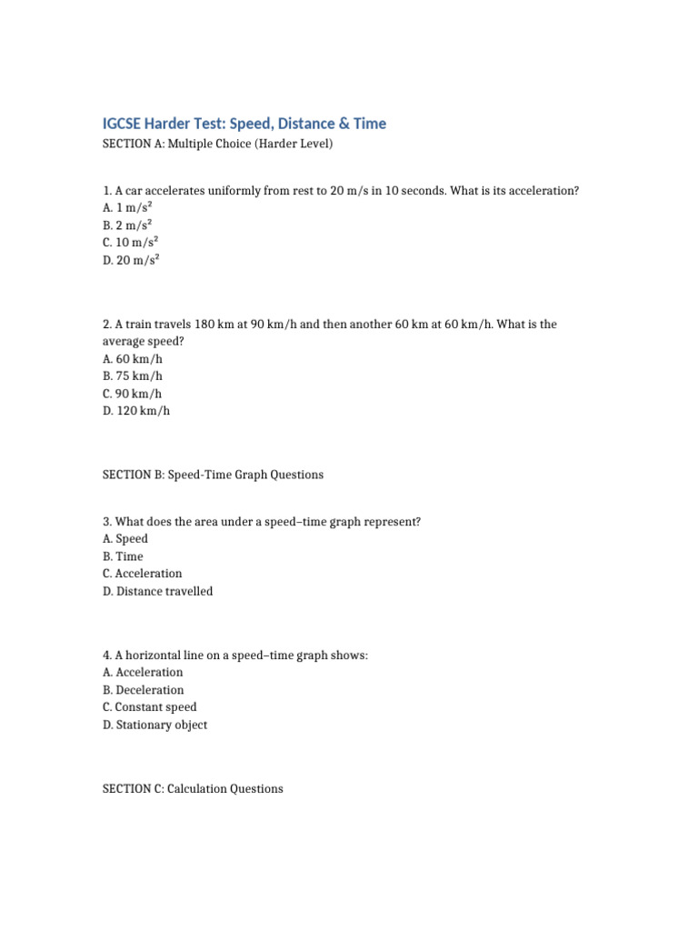 IGCSE Harder Speed Distance Time Test | PDF