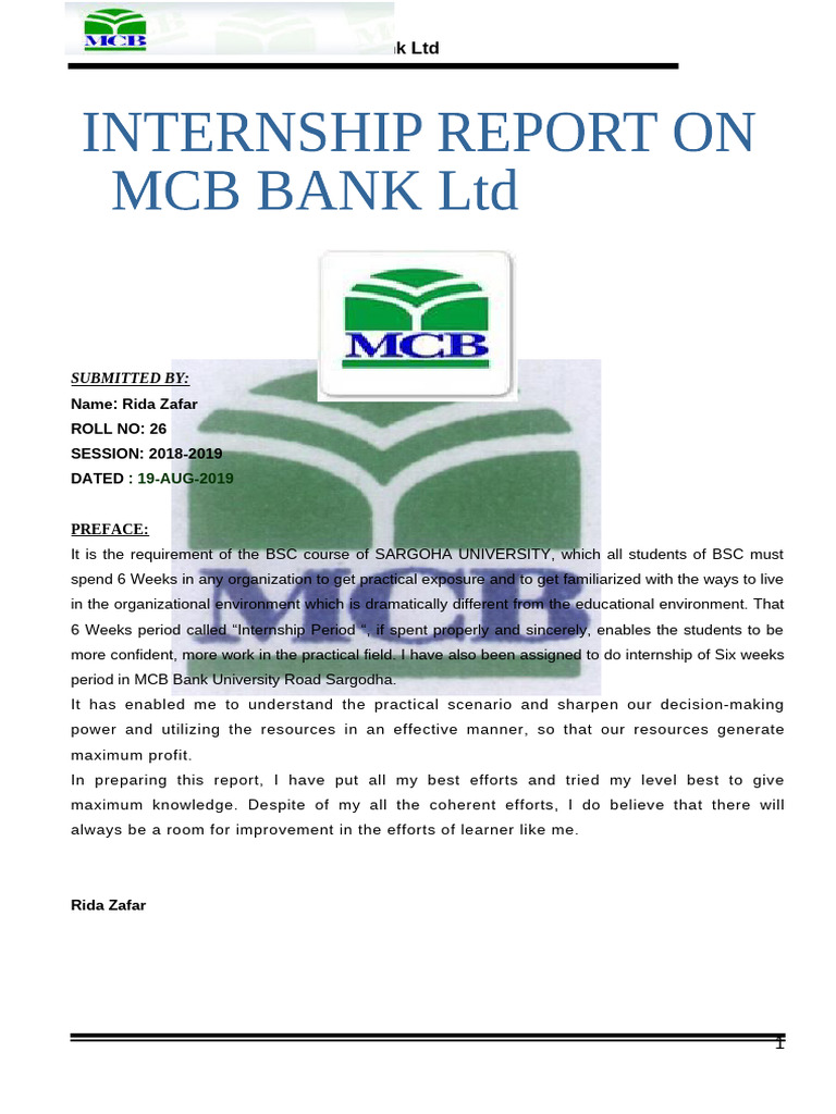 Waheed's Bank Internship Report | PDF | Cheque | Banks