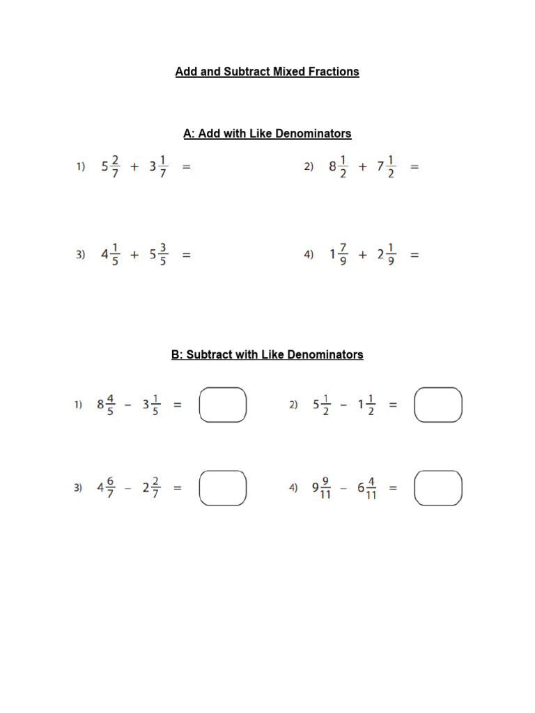 Add and Subtract Mixed Numbers & Improper Fractions | PDF