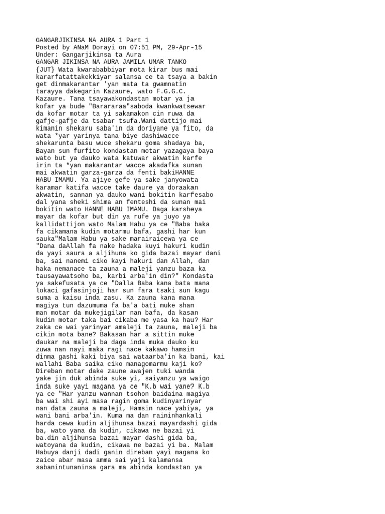 Gangar Jikinsa Na Aura Book 1 Complete Hausa Novel by Jamila Umar Tanko .Txt by Sufi.com.Ng | PDF