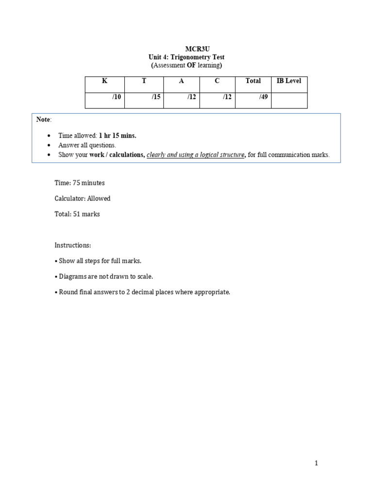 Trigonometry Test for MCR3U Unit 4 | PDF | Trigonometry | Triangle