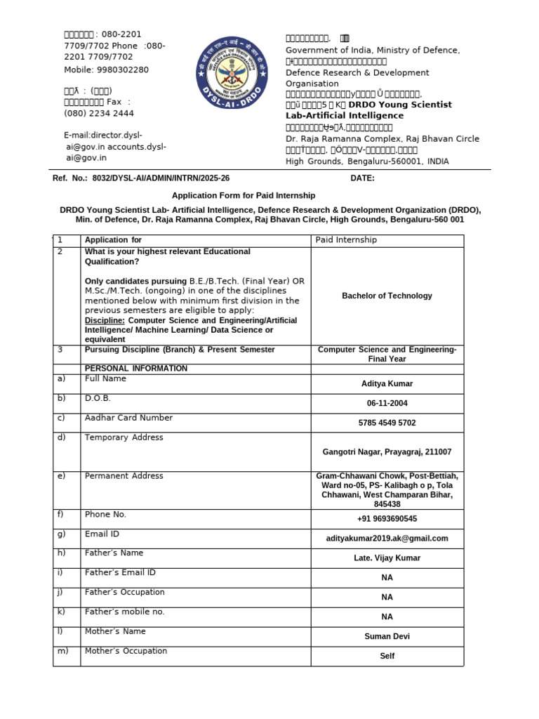Internship Application Form | PDF