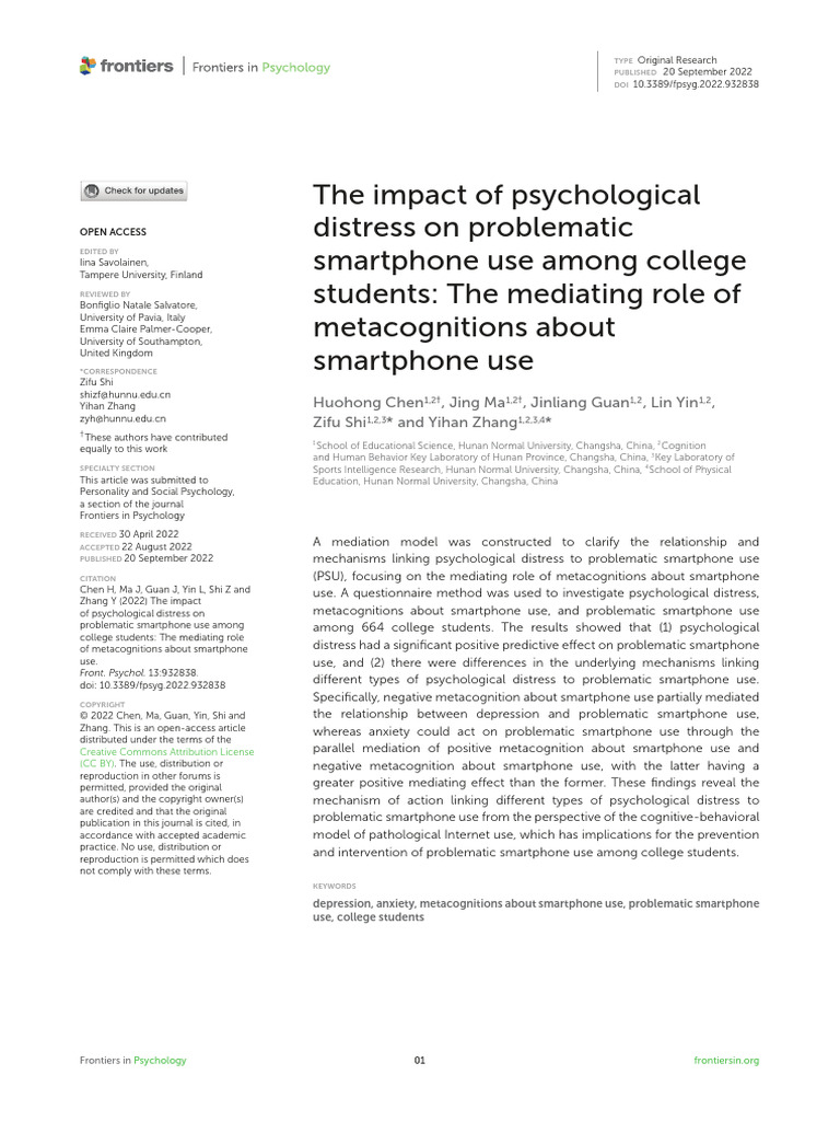 The Impact of Psychological Distress on Problematic Smartphone Use Among College Students | PDF ...
