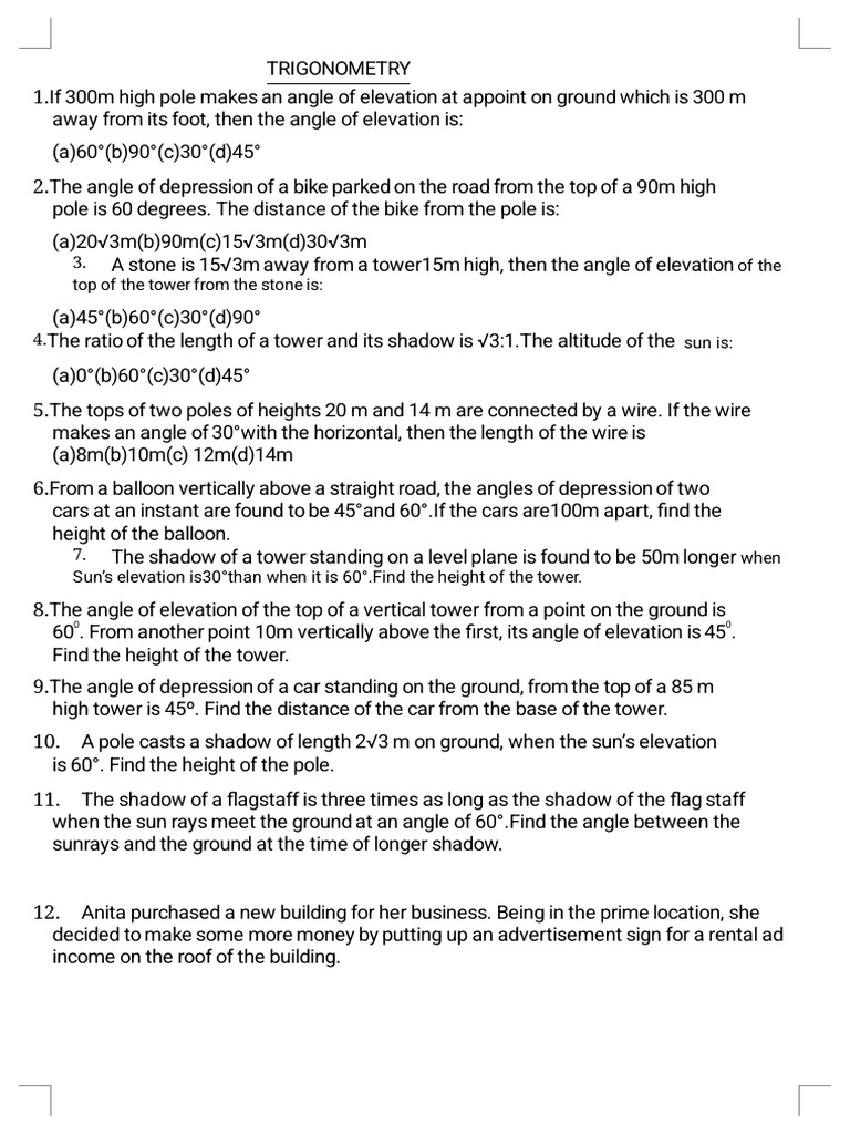 Trigonometry Problems on Angles and Heights | PDF | Shadow | Height