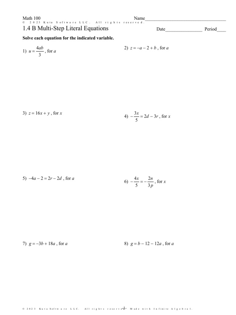 1.4 B Multi-Step Literal Equations HW M100 | PDF | Equations | Mathematical Objects
