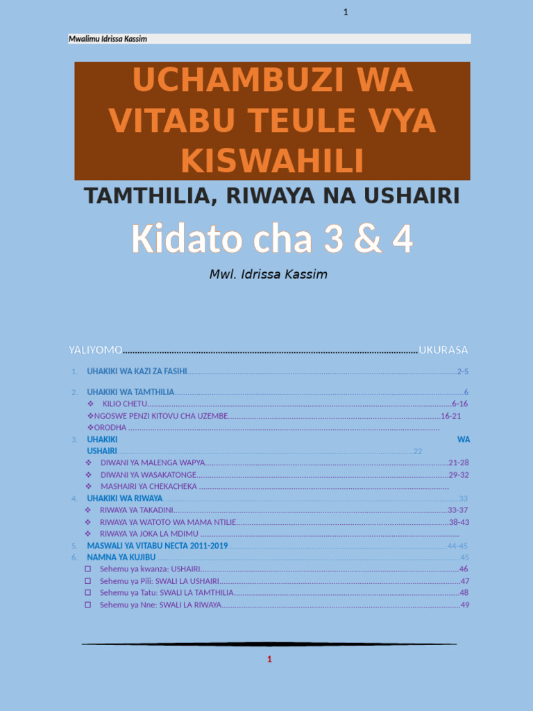 Kiswahili - UHAKIKI WA VITABU TEULE NOTES | PDF