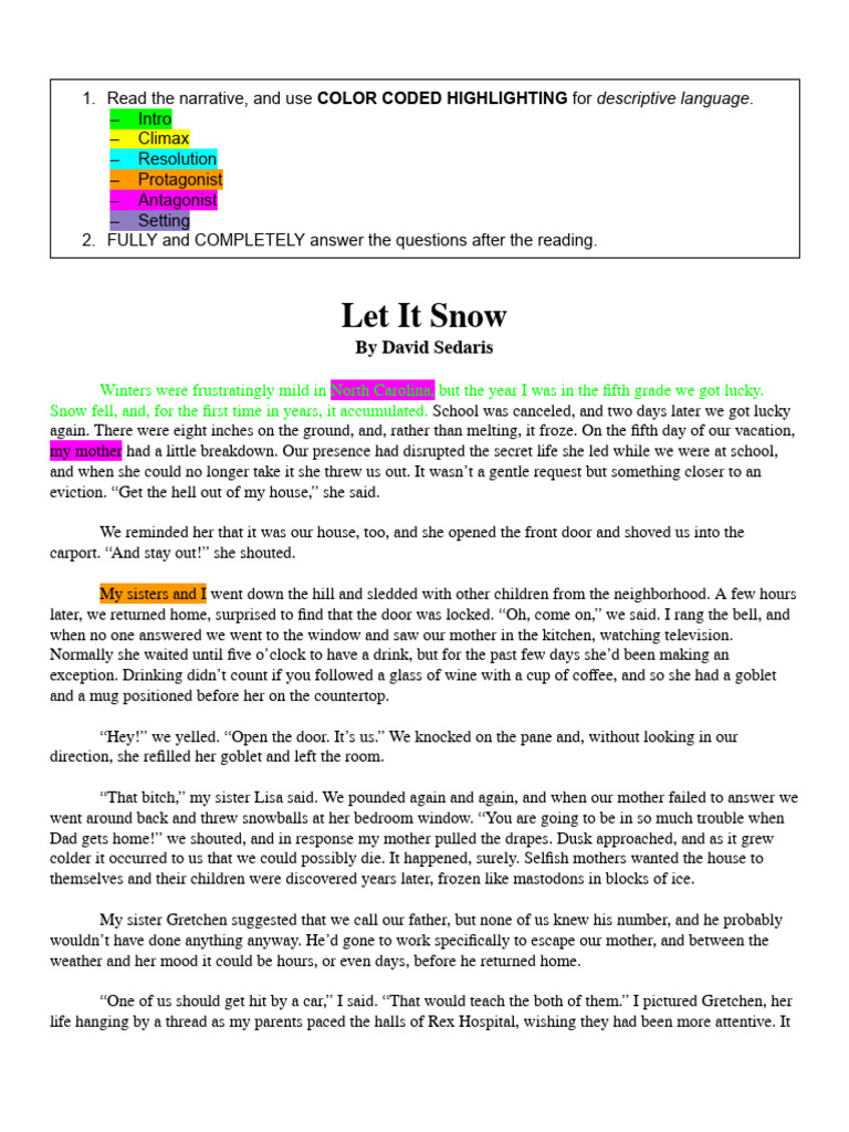 Jonathon Finizia - _Let It Snow_ by David Sedaris Narrative Structure ...