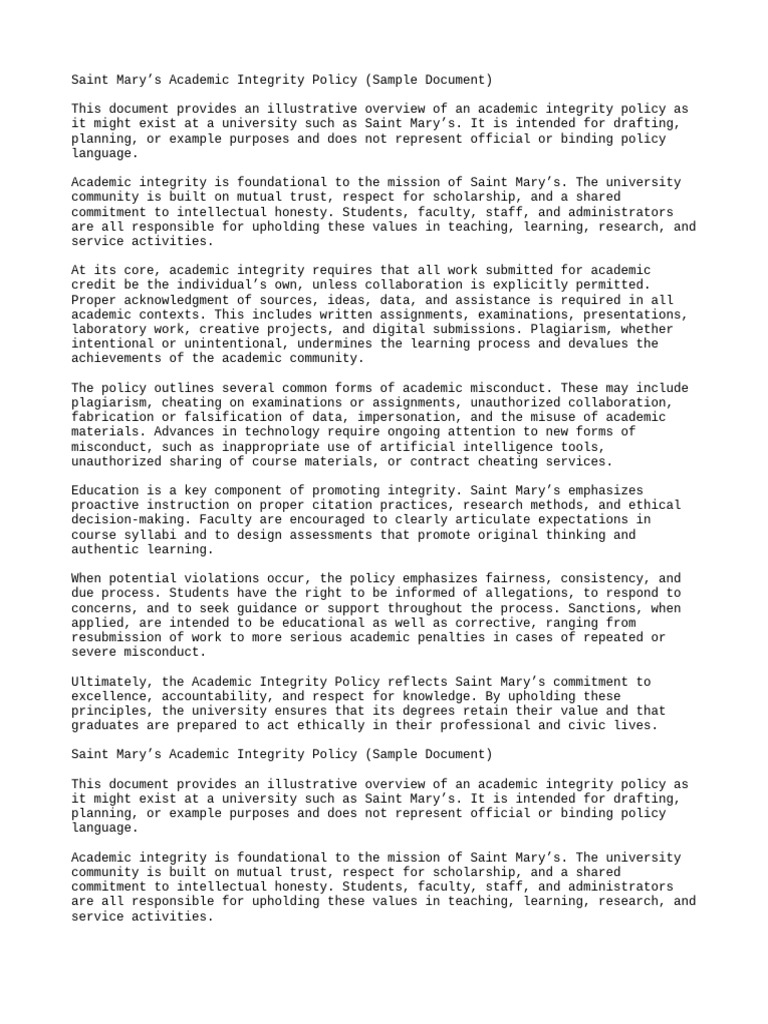 Saint Marys Academic Integrity Policy | PDF | Academic Integrity ...