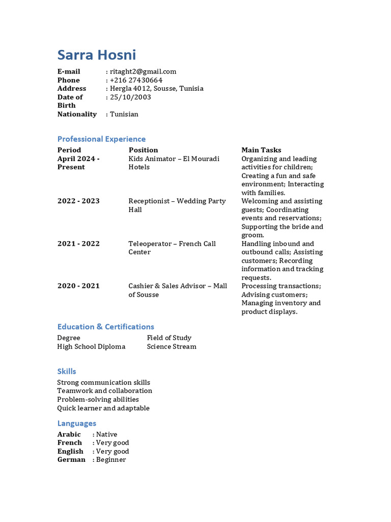Sarra Hosni Cv | PDF