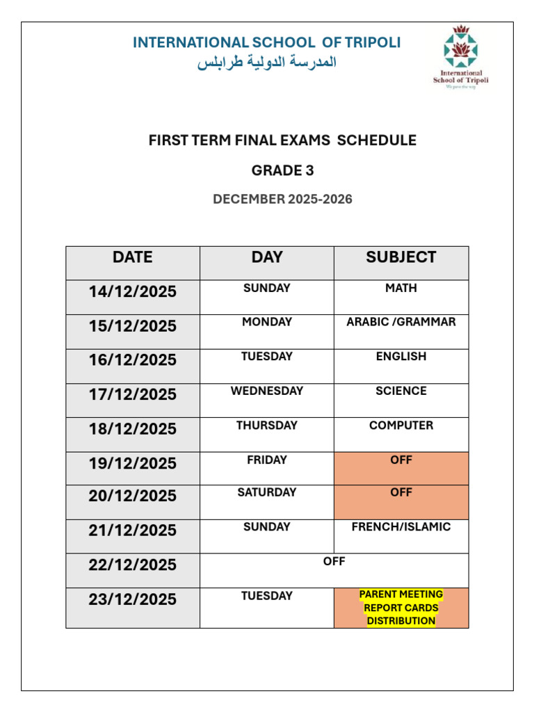 First Term Final Exam Schedule g3 | PDF