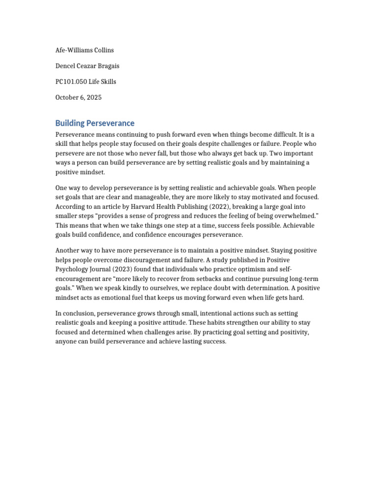 Informative Essay Building Perseverance AfeWilliamsCollins | PDF