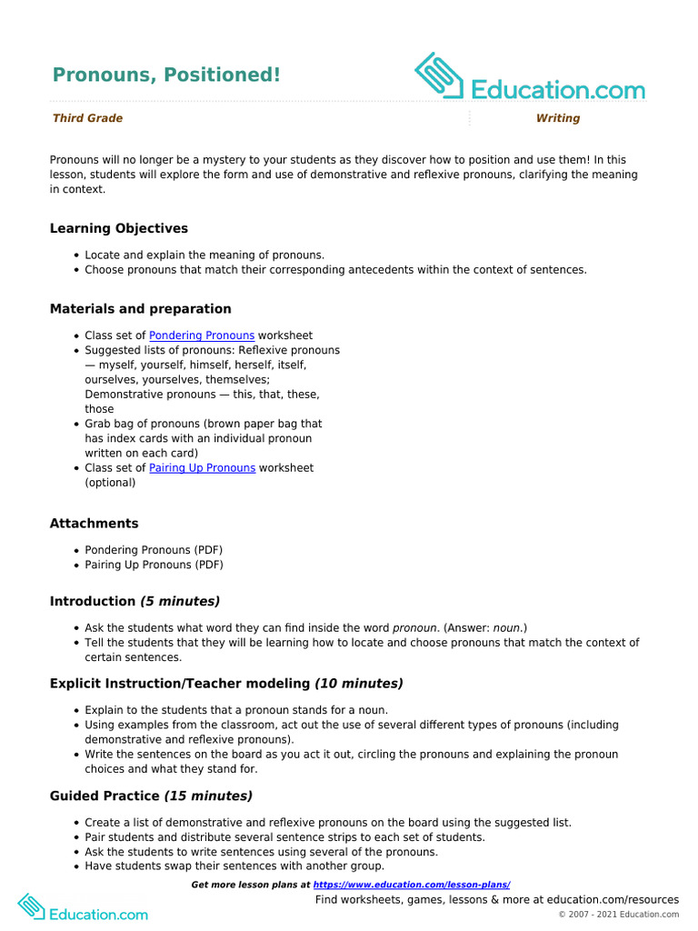 Third Grade Pronoun Lesson Plan | PDF | Pronoun | Semantic Units