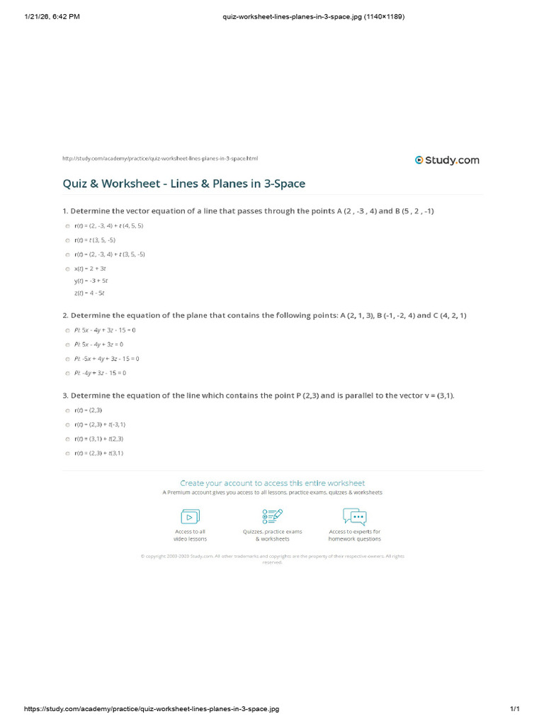 Quiz Worksheet: Lines & Planes in 3D | PDF