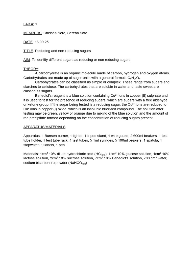 Bio Lab 1 Reducing and Non-Reducing Sugars | PDF | Carbohydrates ...