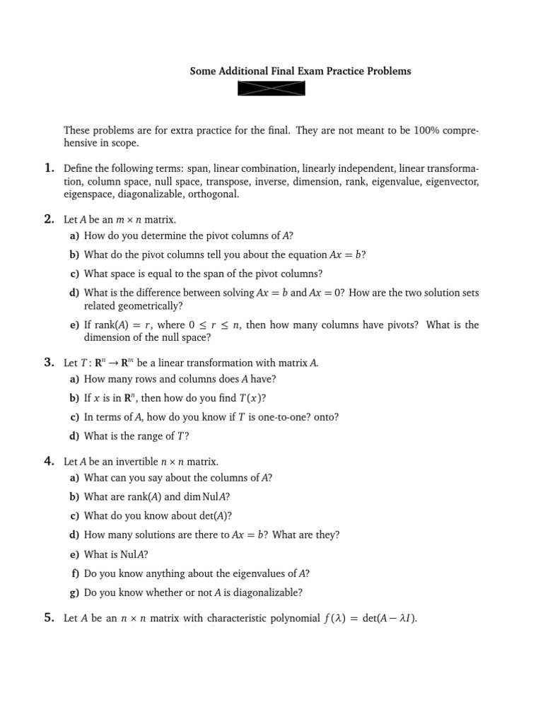 Final Exam Extra Practice | PDF | Eigenvalues And Eigenvectors | Matrix ...