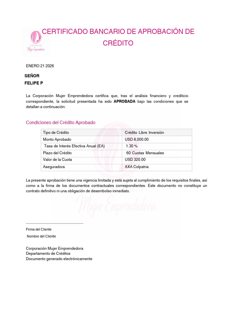 Certificado Aprobación Crédito Mujer Emprendedora | PDF