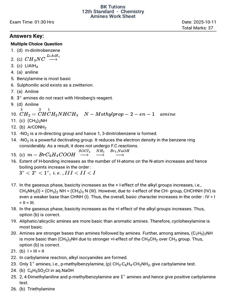 12th Grade Chemistry: Amines Worksheet | PDF | Amine | Chemical Substances