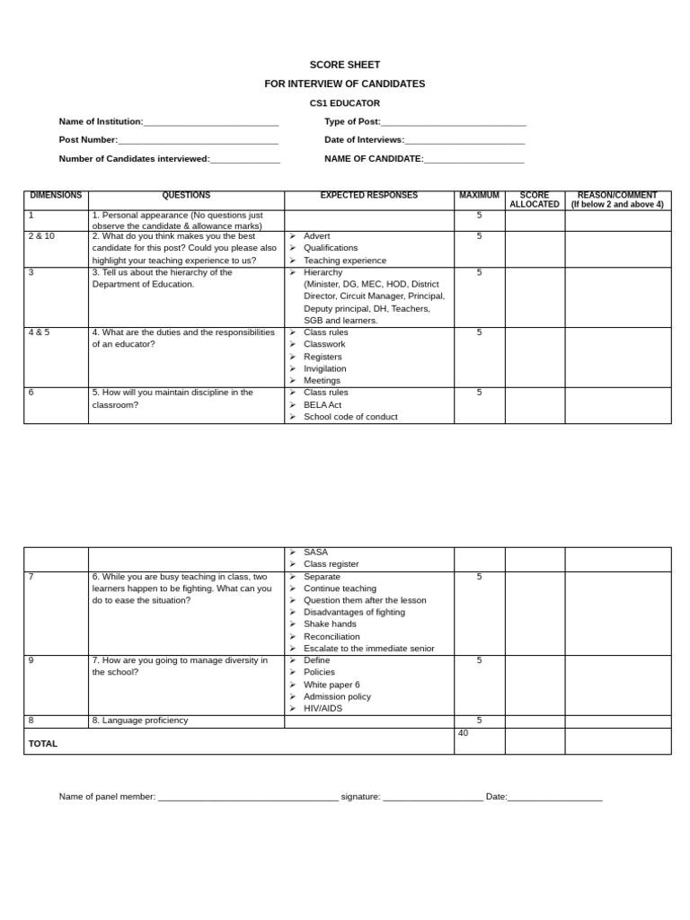 Candidate Interview Score Sheet for CS1 Educator | PDF | Chess | Chess ...