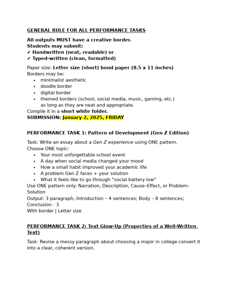 Performance Task Guidelines for Students | PDF