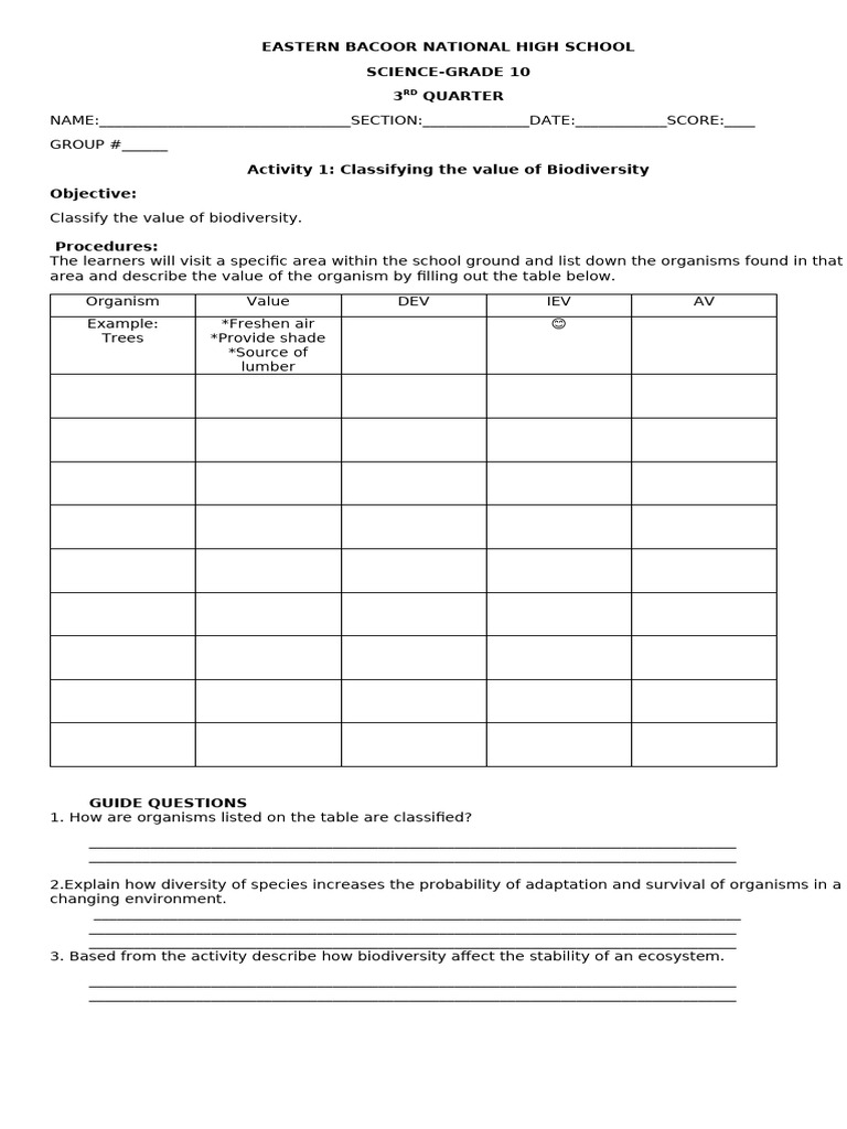 Worksheet January12 Classifying Biodiversity (1) | PDF