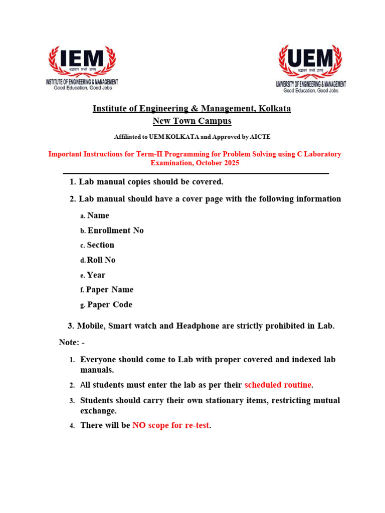 Lab Instructions for Programming for Problem Solving Using C Laboratory Term-II Examination ...