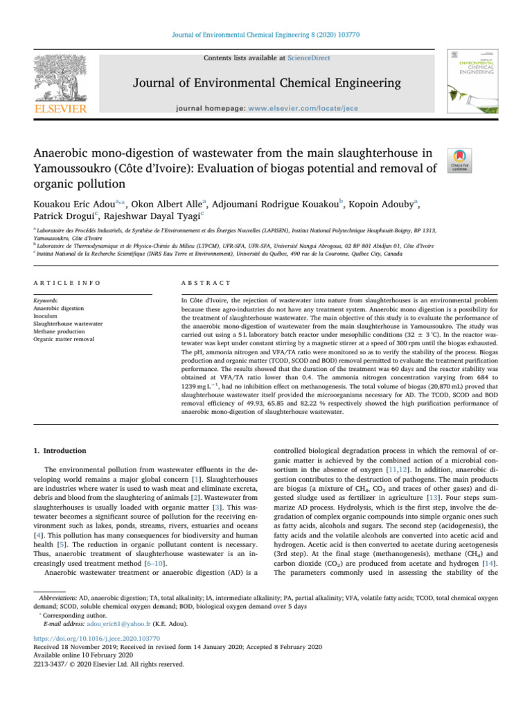 Anaerobic mono-digestion of wastewater from the main slaughterhouse in ...