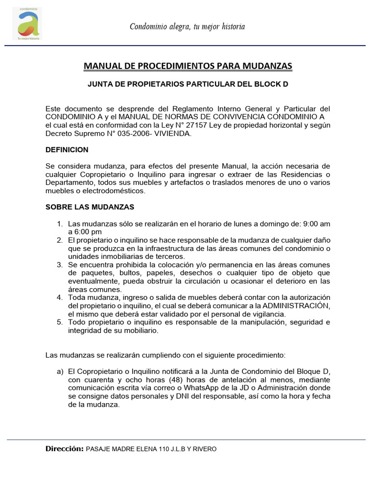 Manual de Procedimientos Para Mudanzas Bloque d | PDF | Condominio