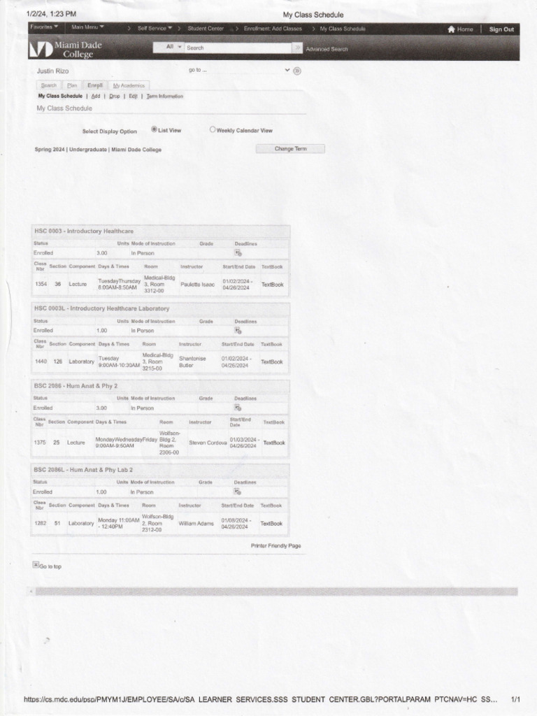 Spring 2024 Class Schedule | PDF
