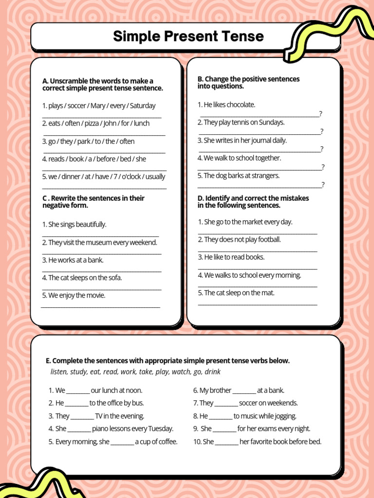 Simple Present Tense Exercise Worksheet Orange Cute Simple Style | PDF ...