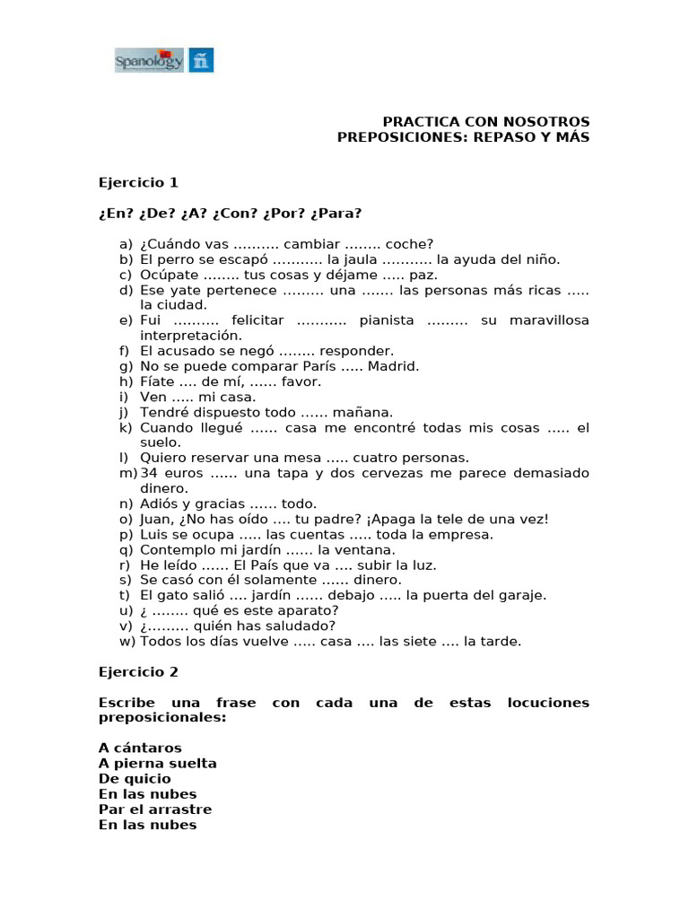 Ejercicios de Preposiciones en Español | PDF