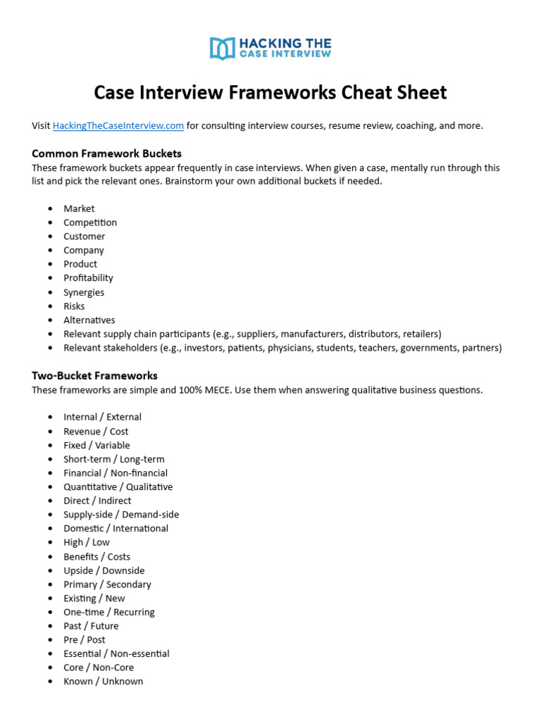 Case Interview Frameworks Cheat Sheet | PDF