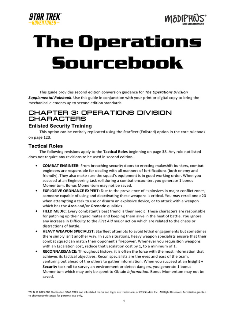 STA the Operations Division Supplemental Rulebook 1e to 2e v1 0 | PDF ...