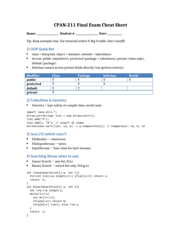 CPAN 211 Exam Cheat Sheet | PDF | Inheritance (Object Oriented Programming) | Software Development