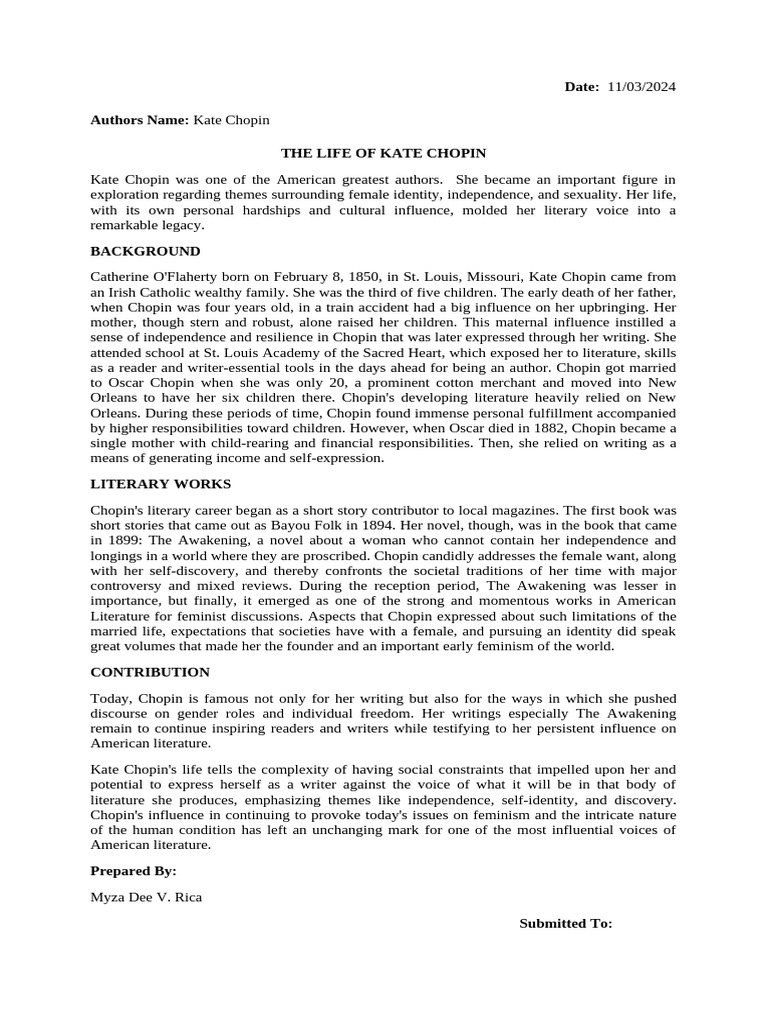 The Life of Kate Chopin (1) | PDF | Gender Studies | Gender Equality